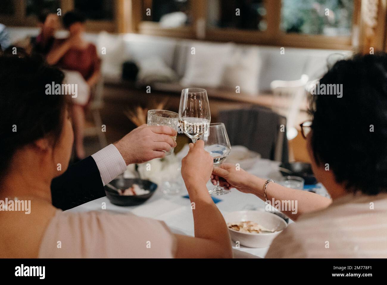 A back view of people raising glasses for a toast on a wedding party ...