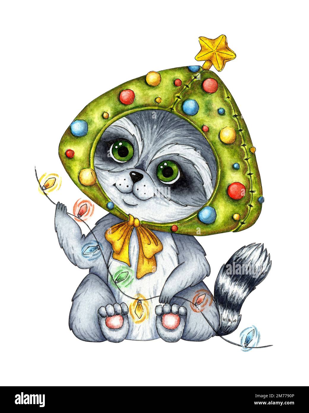 Watercolor illustration of a raccoon in a Christmas tree hat and a ...