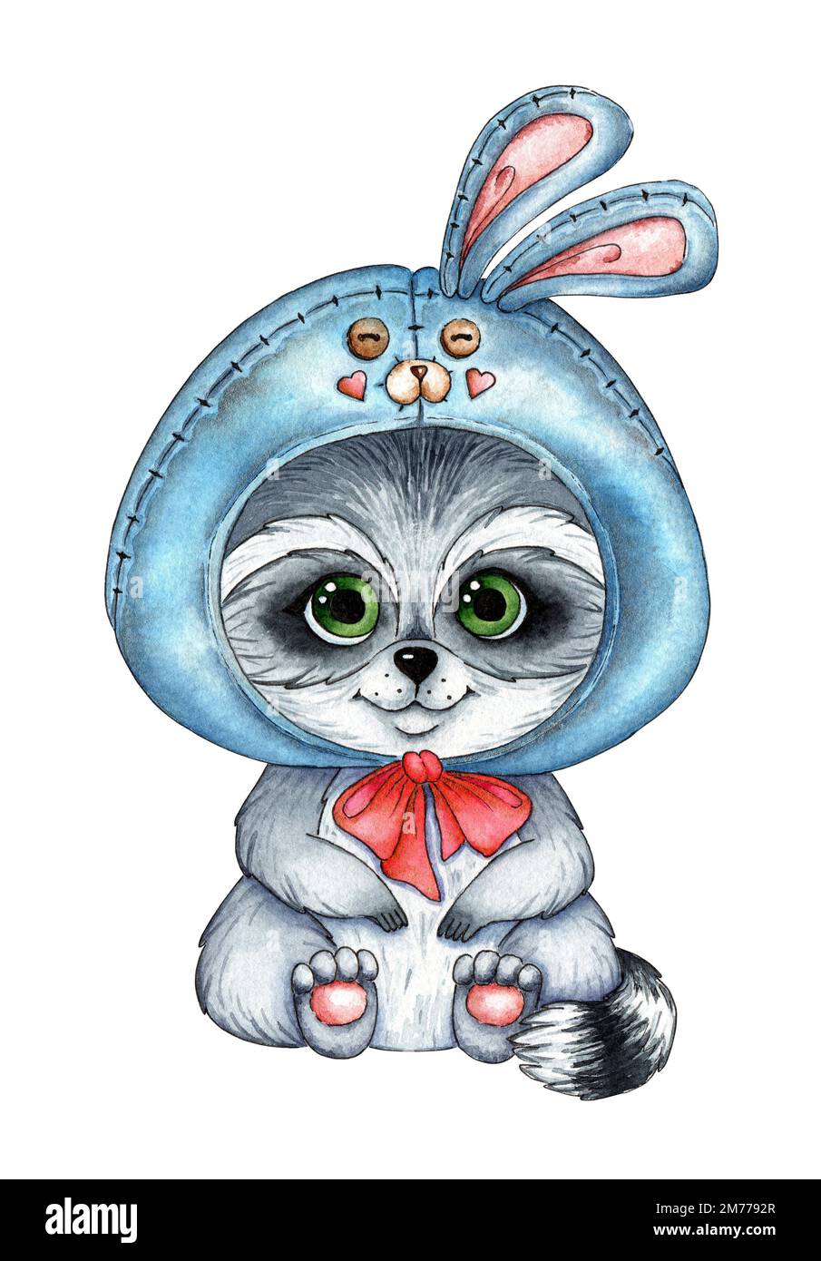 Watercolor illustration of a cute raccoon wearing a rabbit cap. New ...
