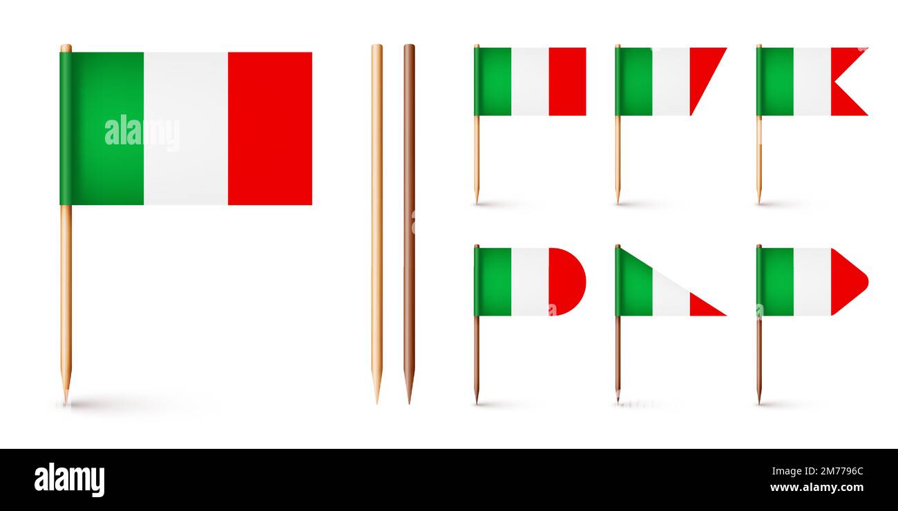 Realistic various Italian toothpick flags. Souvenir from Italy. Wooden ...
