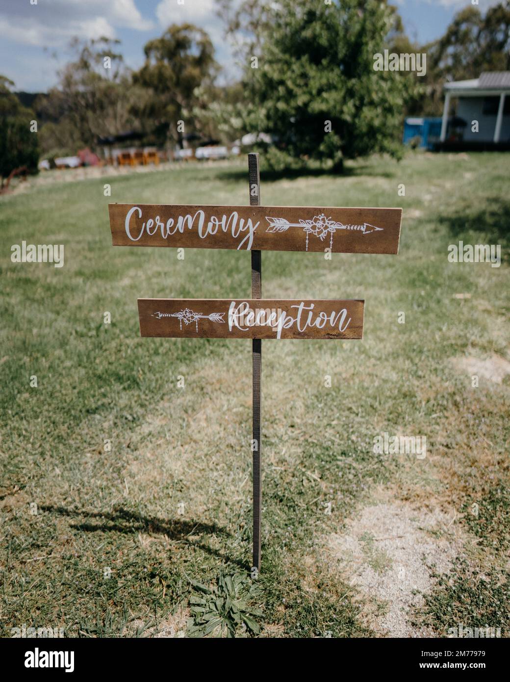 A vertical shot of wooden direction signs pointing to a reception and a ...