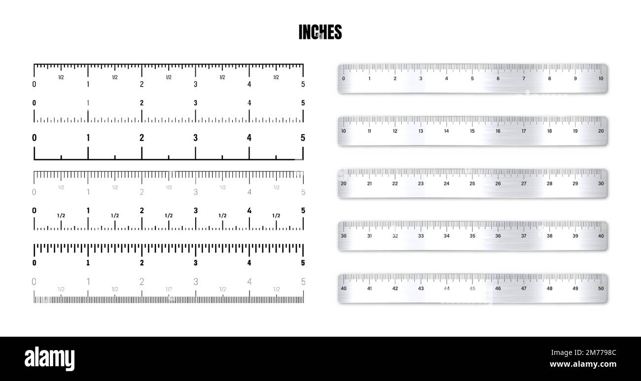 Realistic metal rulers with black inch scale for measuring length or ...