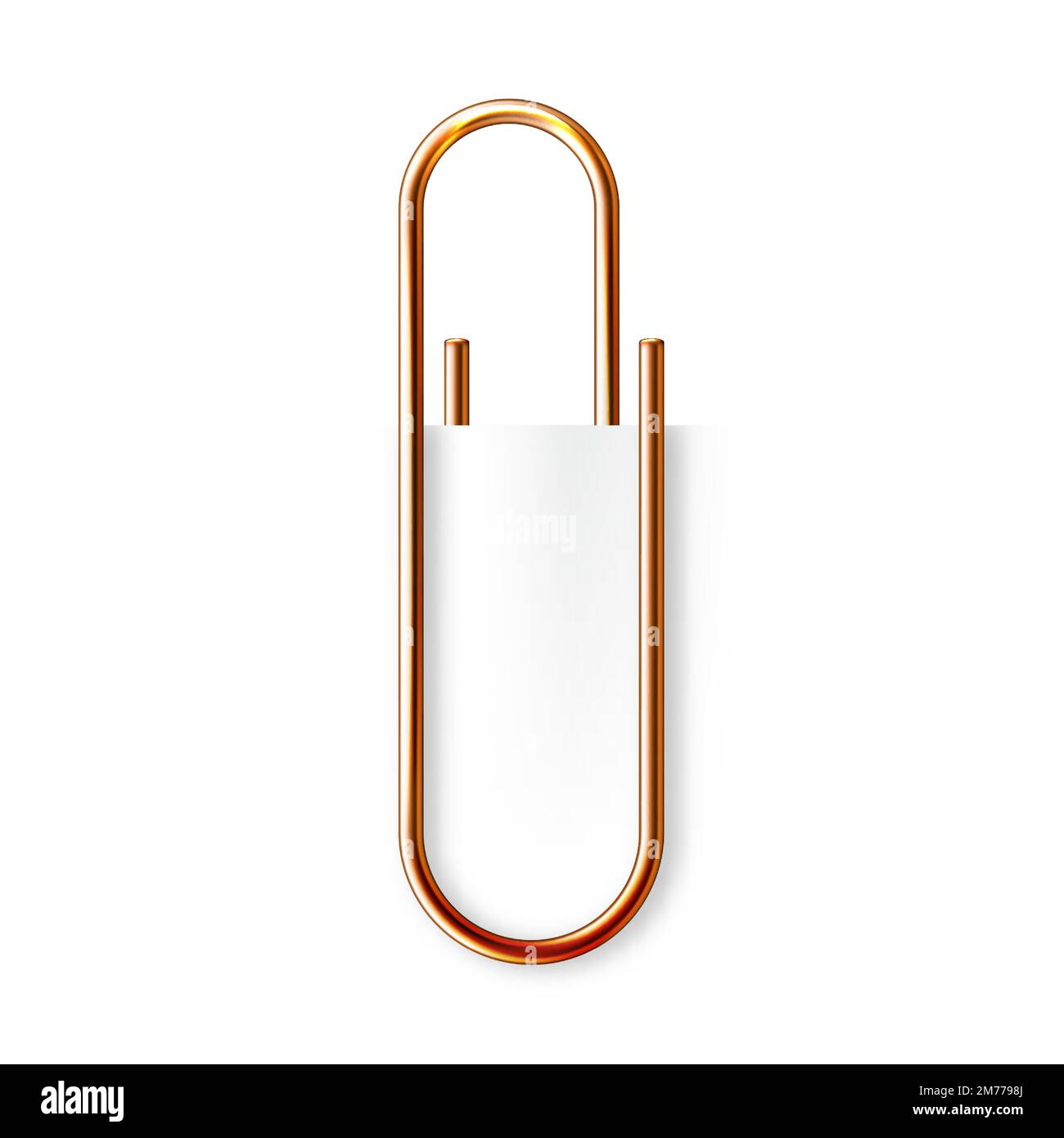Realistic copper paperclip attached to paper isolated on white ...