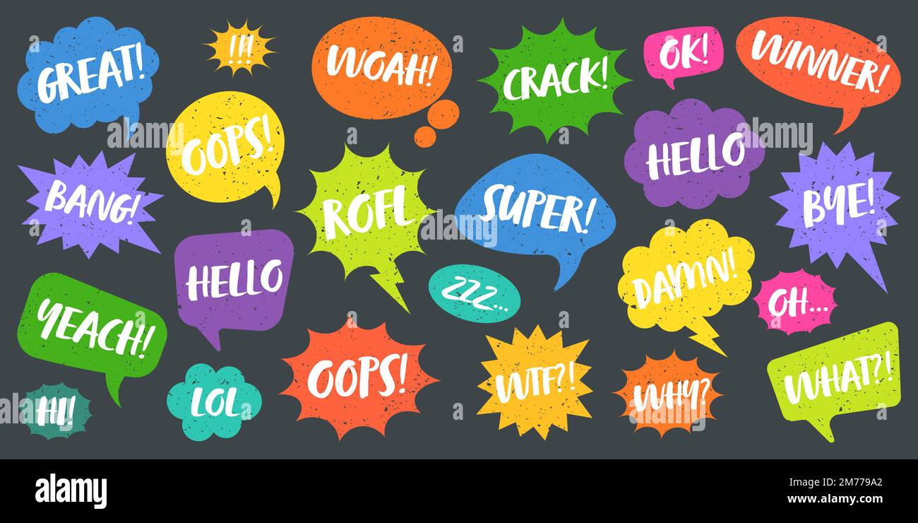 Colorful grunge comic speech bubbles with handwritten text. Hand drawn ...