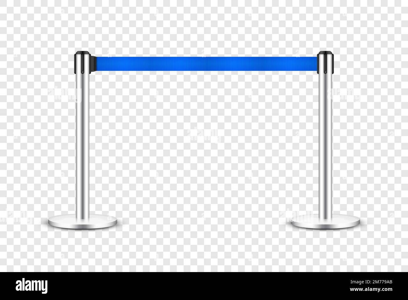 Realistic blue retractable belt stanchion. Crowd control barrier posts ...