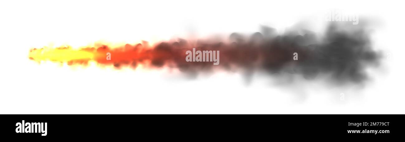 Realistic black smoke with fire, space rocket launch trail. Fire burst ...