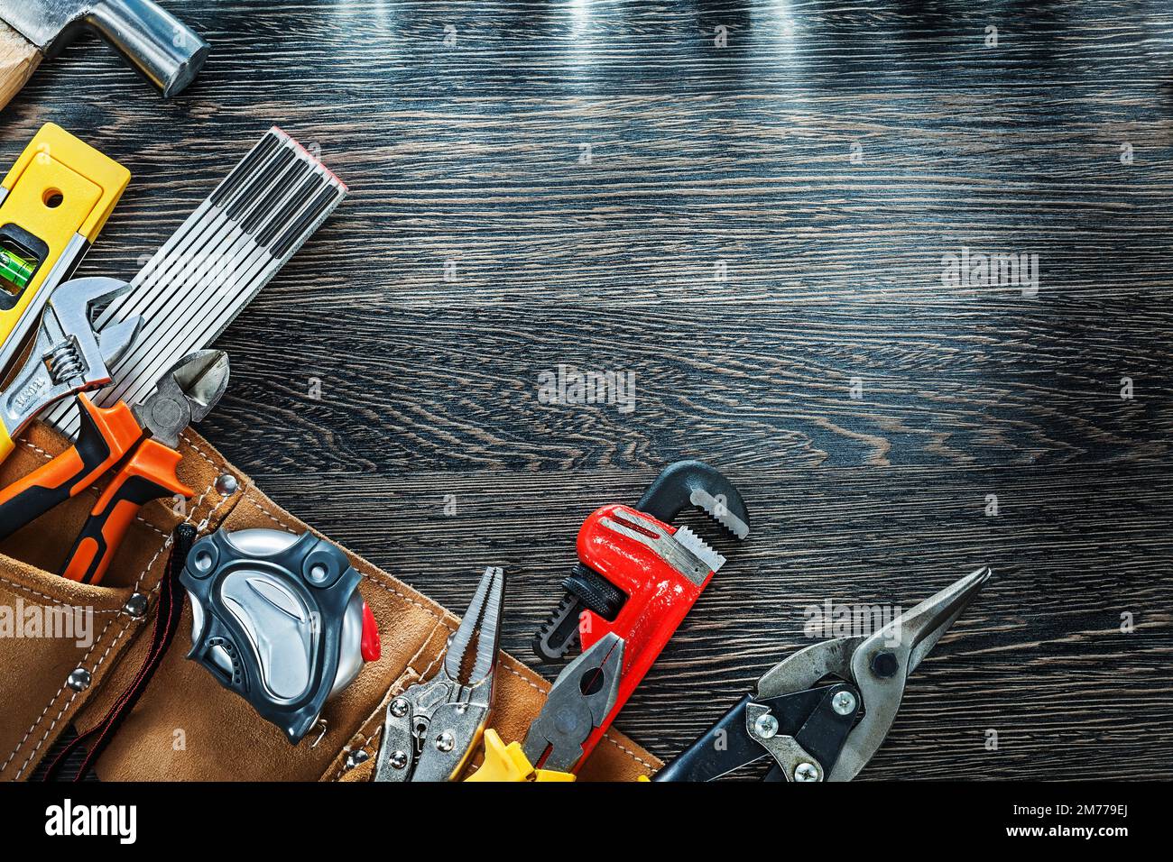 Claw hammer construction level adjustable spanner measuring tape wooden ...