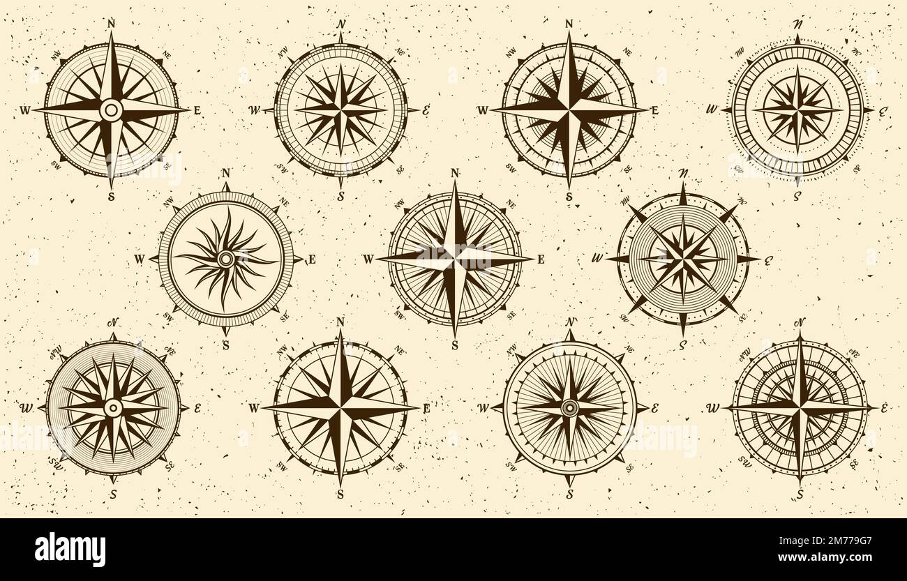 Vintage marine wind rose, nautical chart. Monochrome navigational ...