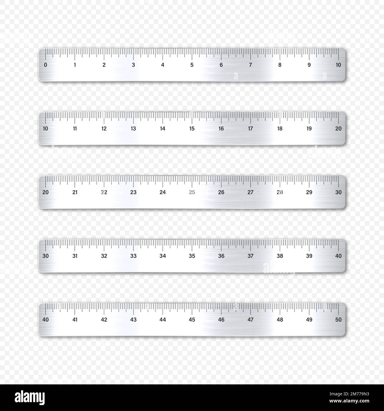 Realistic various brushed metal rulers with measurement scale and ...