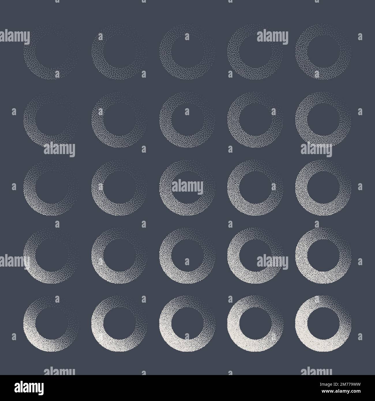 Round shaped dotted objects, stipple elements. Fading gradient ...