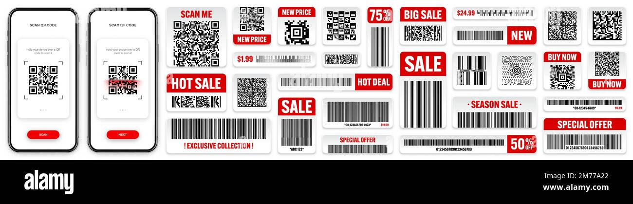 Product barcodes and QR codes. Smartphone application, scanner app. Sale stickers, discount ...