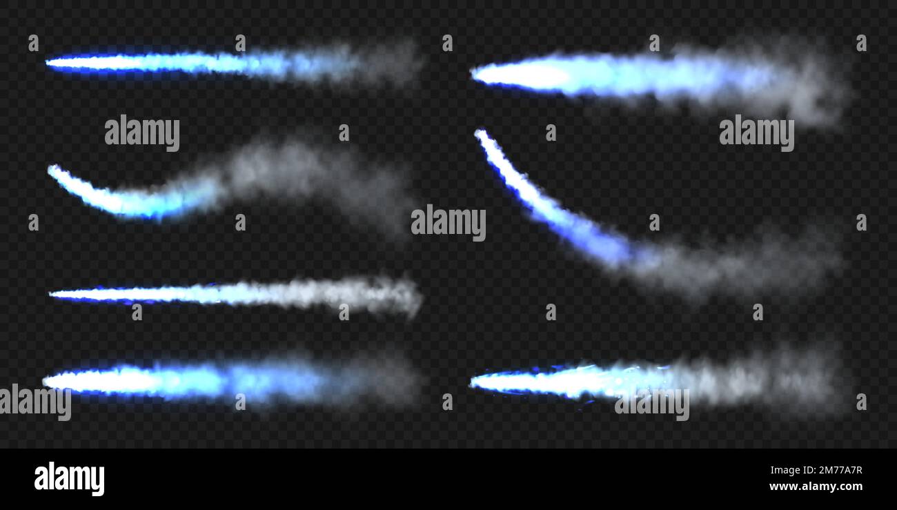 Realistic blue space rocket trails. Festive fireworks launch. Fire ...