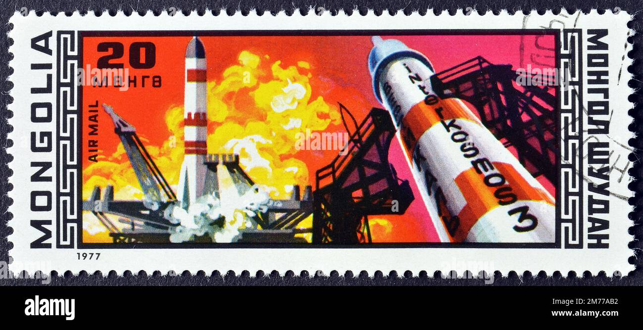 Cancelled postage stamp printed by Mongolia, that shows Launching of ...