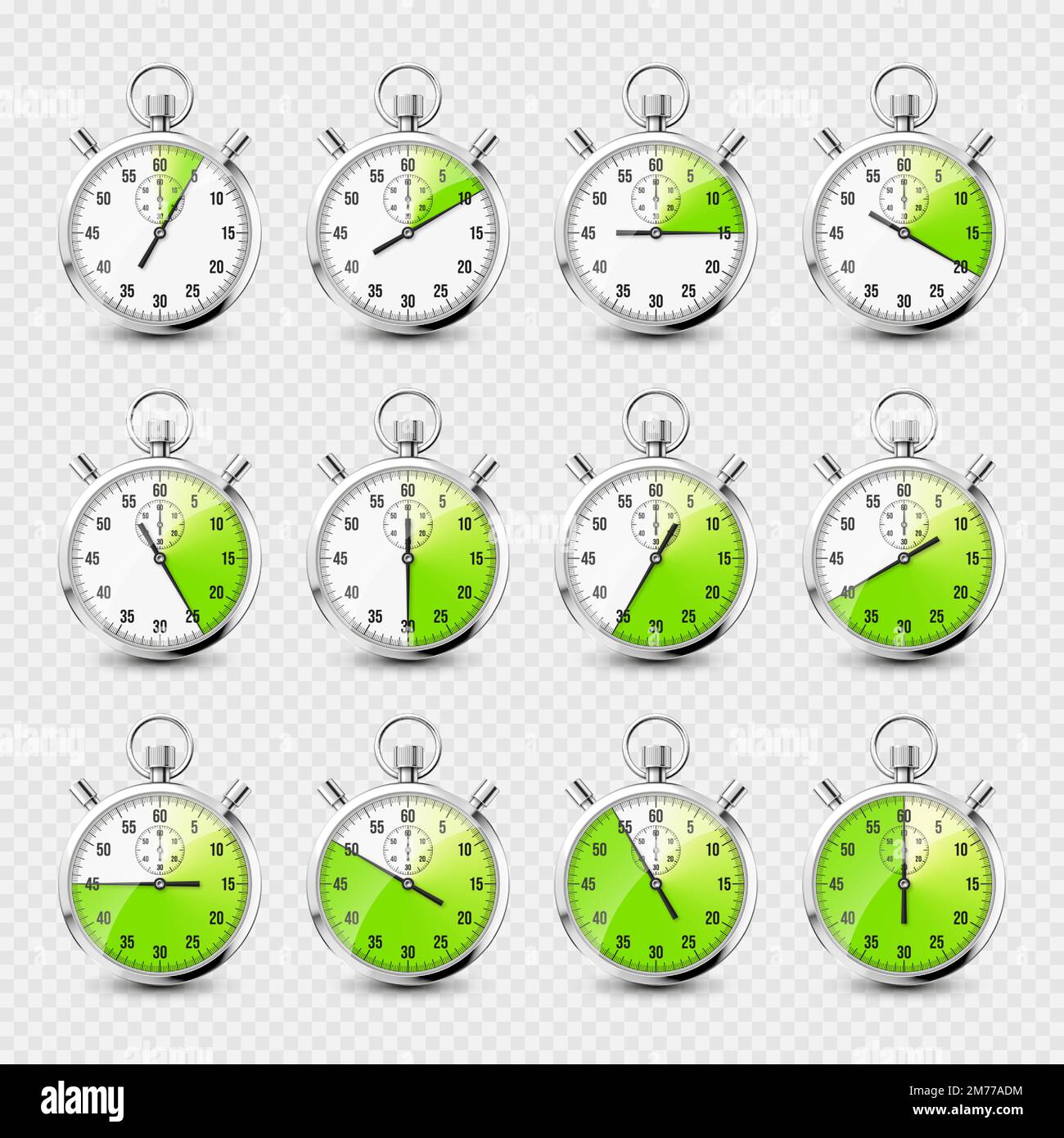 Realistic classic stopwatch icons. Shiny metal chronometer time counter ...