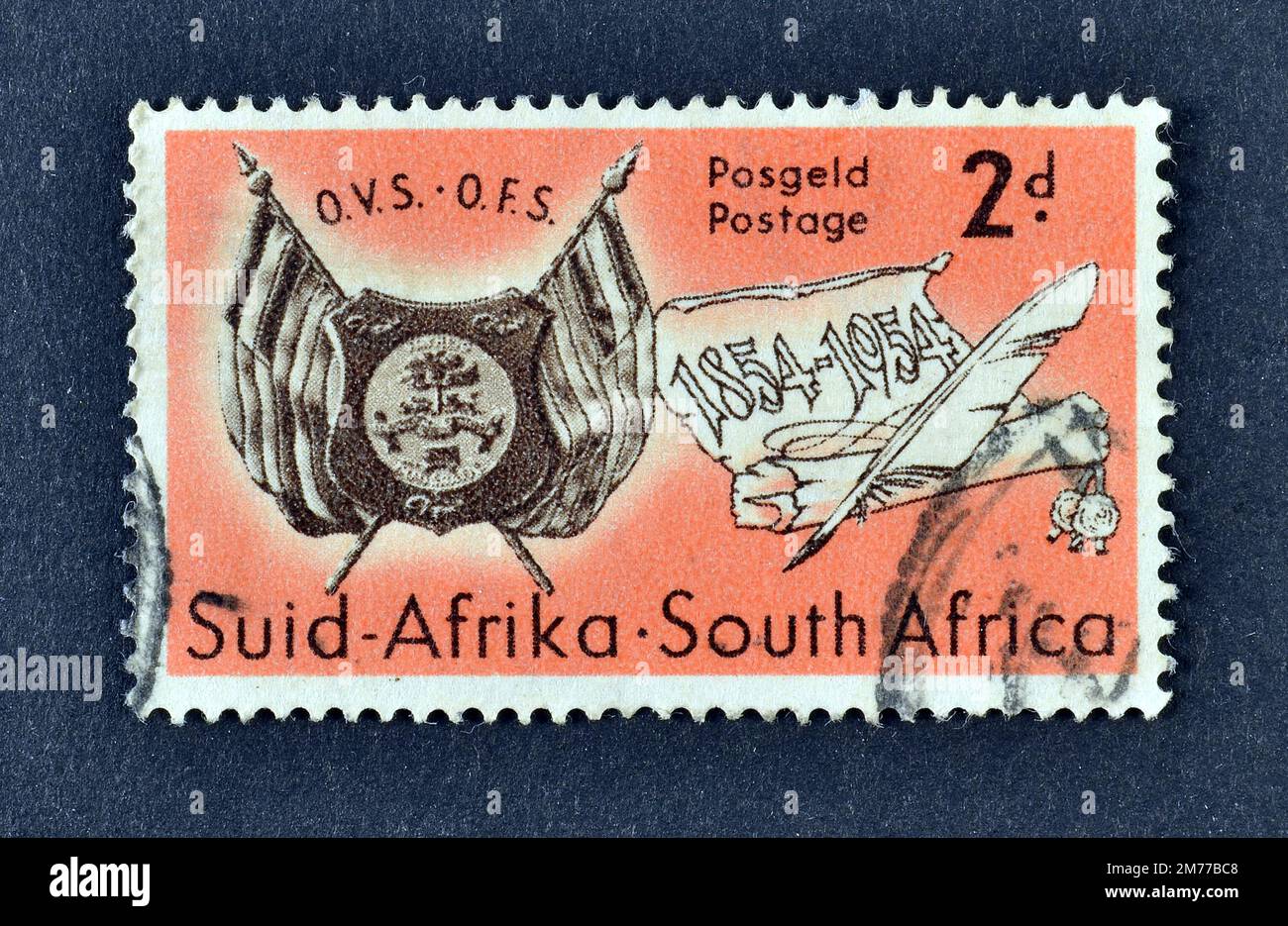 Cancelled postage stamp printed by South Africa, that shows Coat of ...