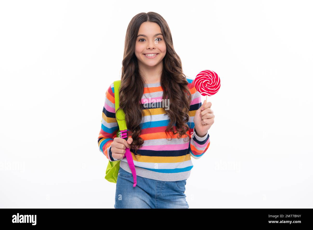Teenage girl with candy lollipop, happy child 12, 13, 14 years old ...