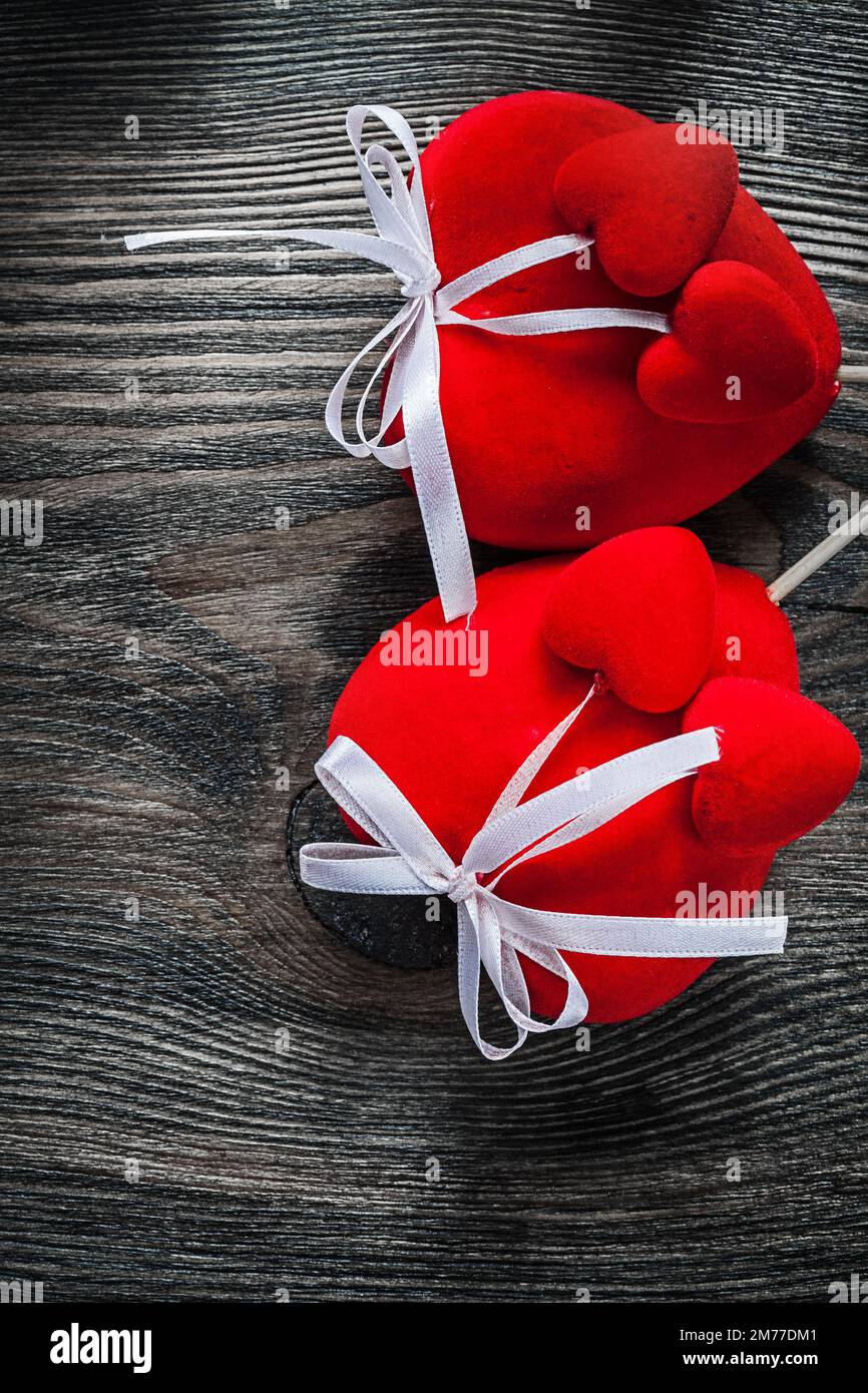 Red fabric hearts on wooden board holidays concept Stock Photo - Alamy