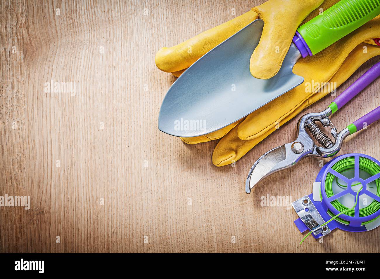 Safety gloves hand trowel pruning shears soft twist tie on wooden board ...