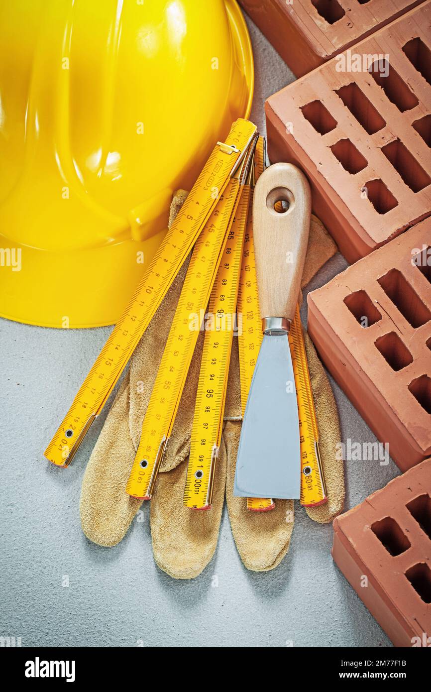 Set of bricklaying tools on concrete background building concept Stock ...