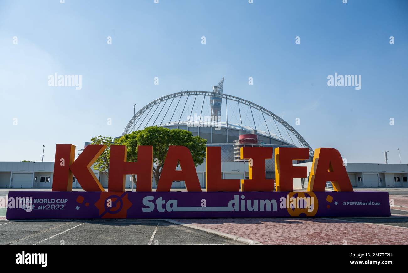 Doha, Qatar. 08th Jan, 2023. The lettering "Khalifa Stadium" stands in ...