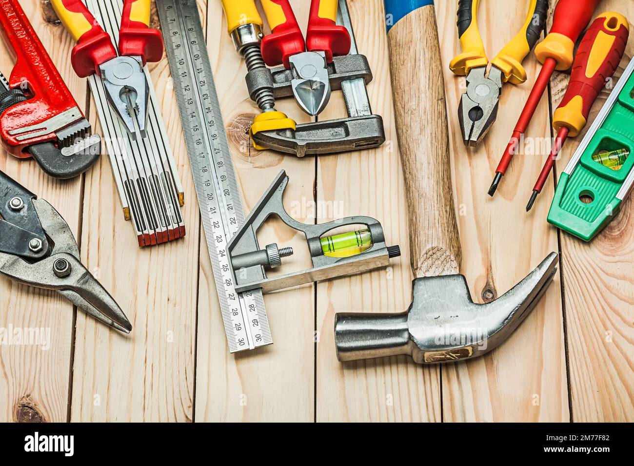 set of construction tools on wooden boards Stock Photo - Alamy