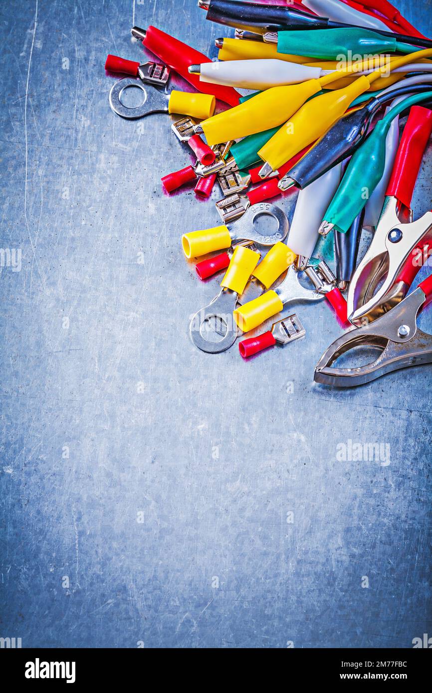 Set of multicolored crocodile plugs electrical contacts electricity ...