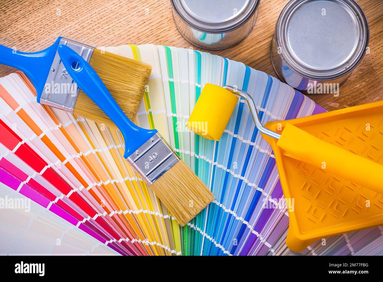 set of painting tools paint brush roller tray can color palette on ...