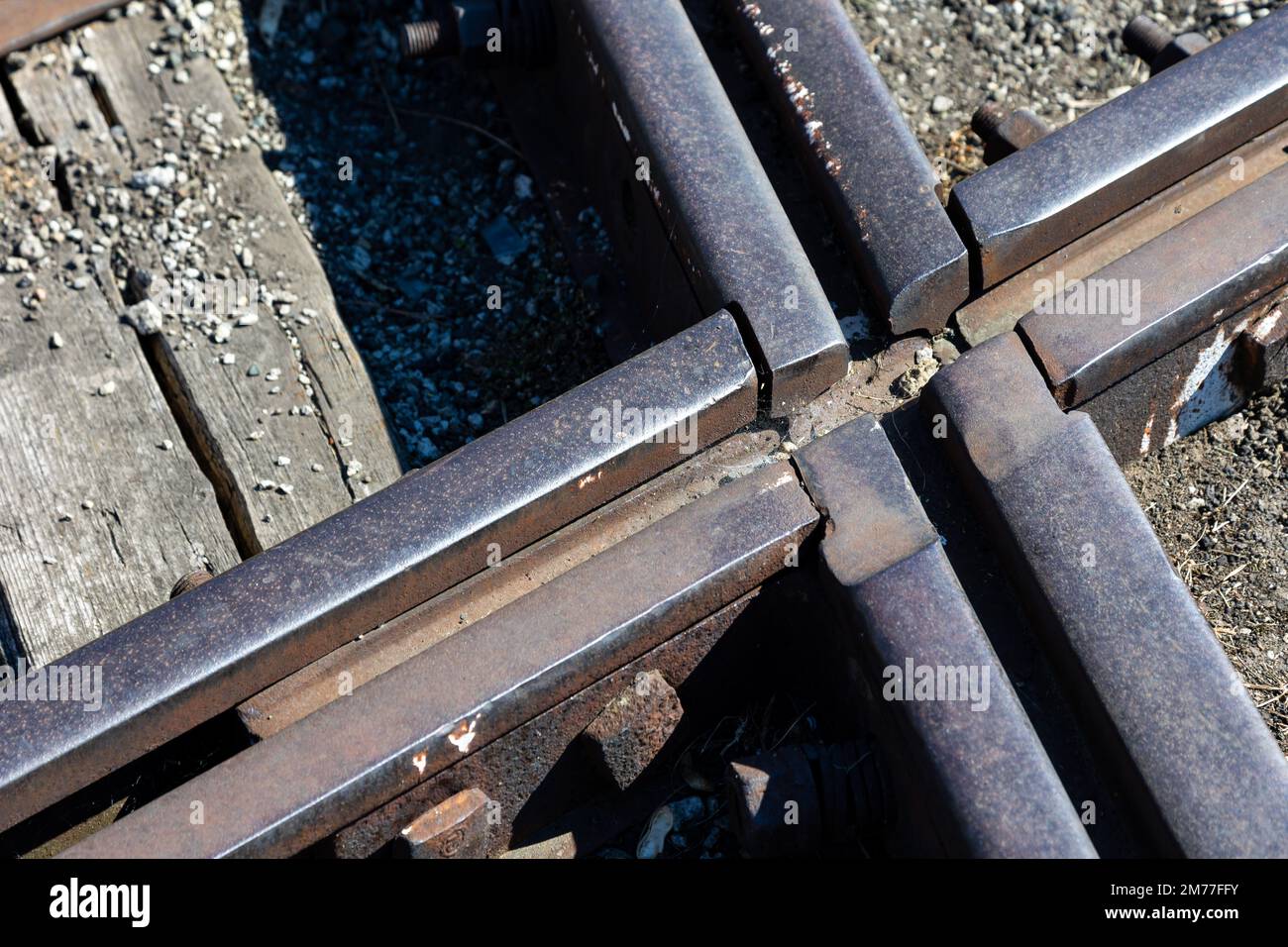 Close up for junction of railway rails on the tracks. Photo taken ...