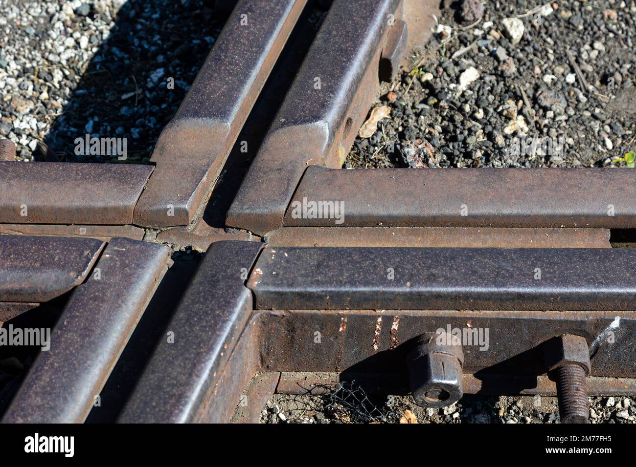 Close up for junction of railway rails on the tracks. Photo taken ...