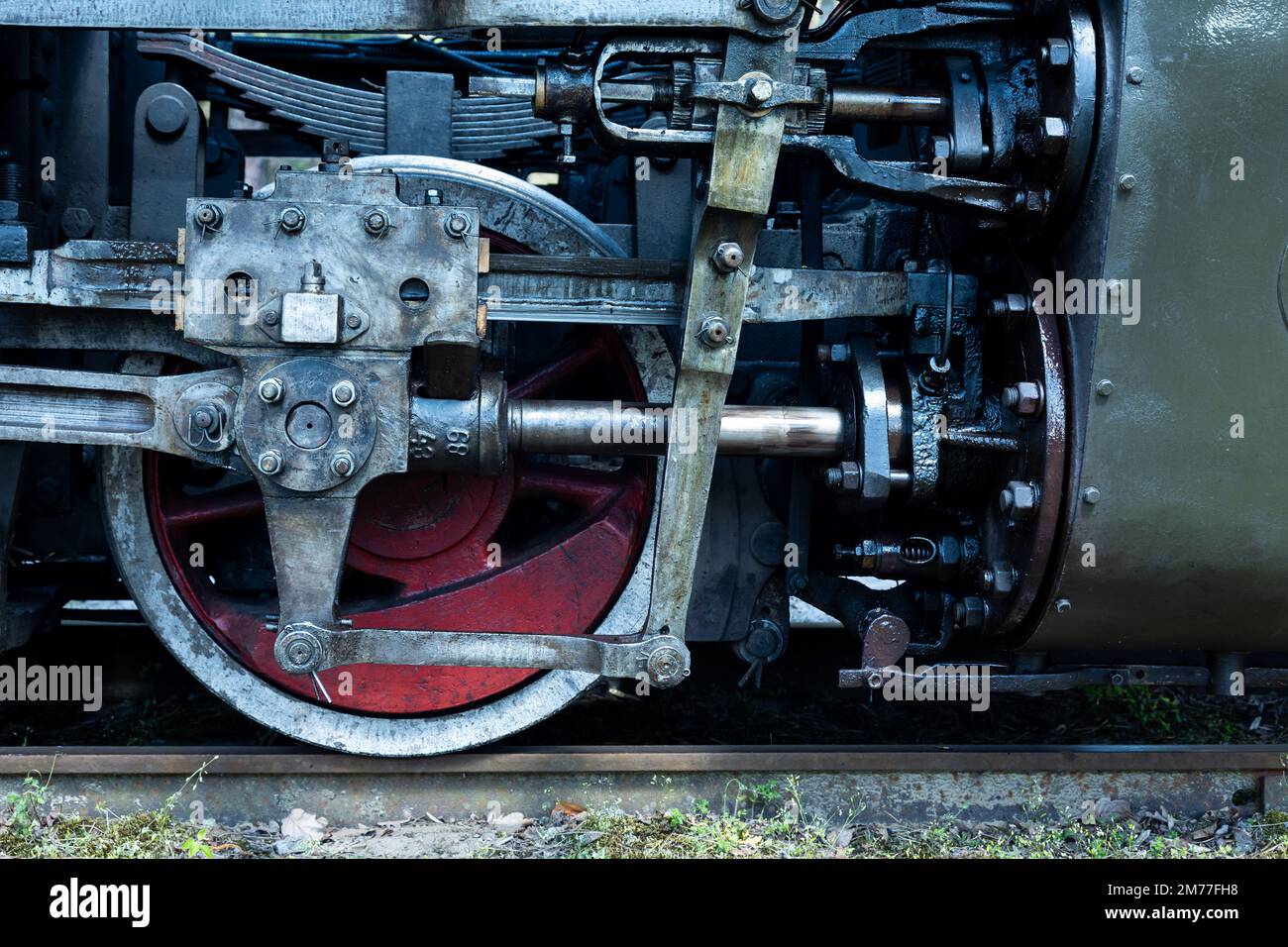 A close-up of a steam locomotive's propulsion system. Steam locomotive ...