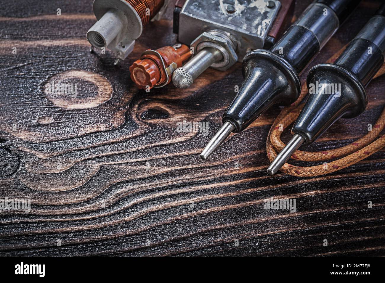 Set of vintage electric tools on wooden board electricity concept Stock ...