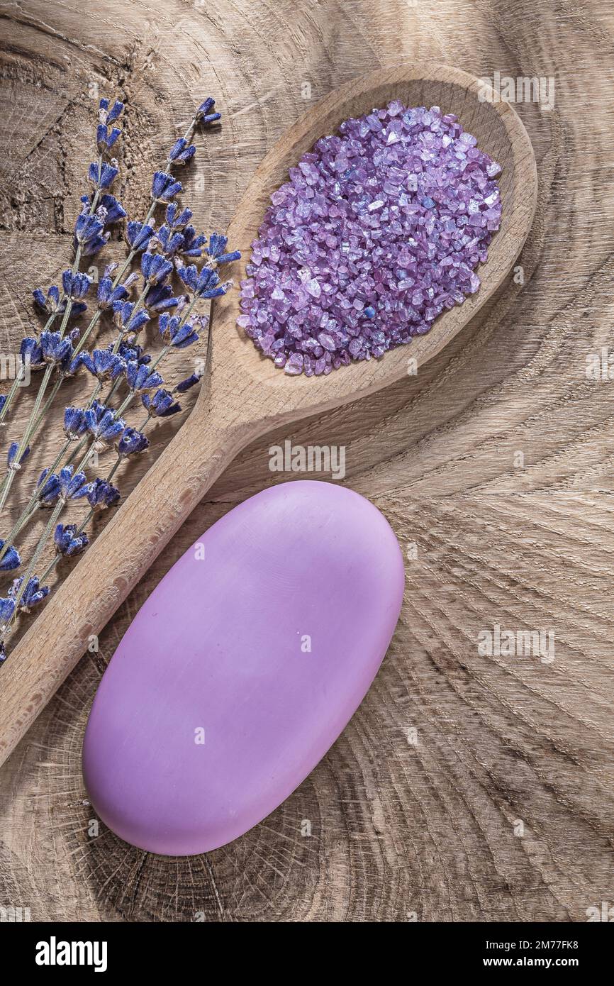 Set of wooden spoon crystal sea salt scented lavender bar of soap on ...