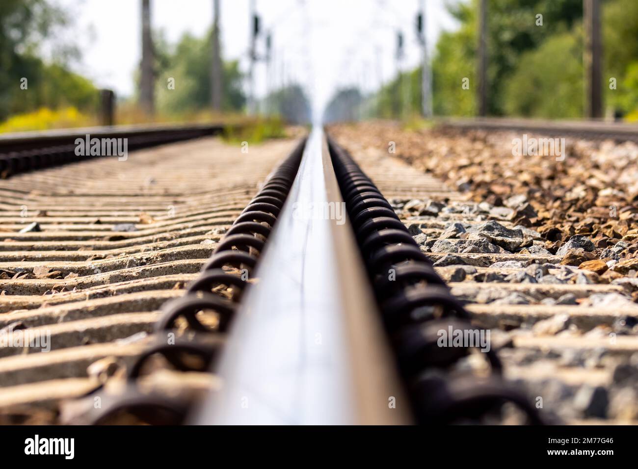 Railway track rails on a hot summer day. Super low angle perspective ...
