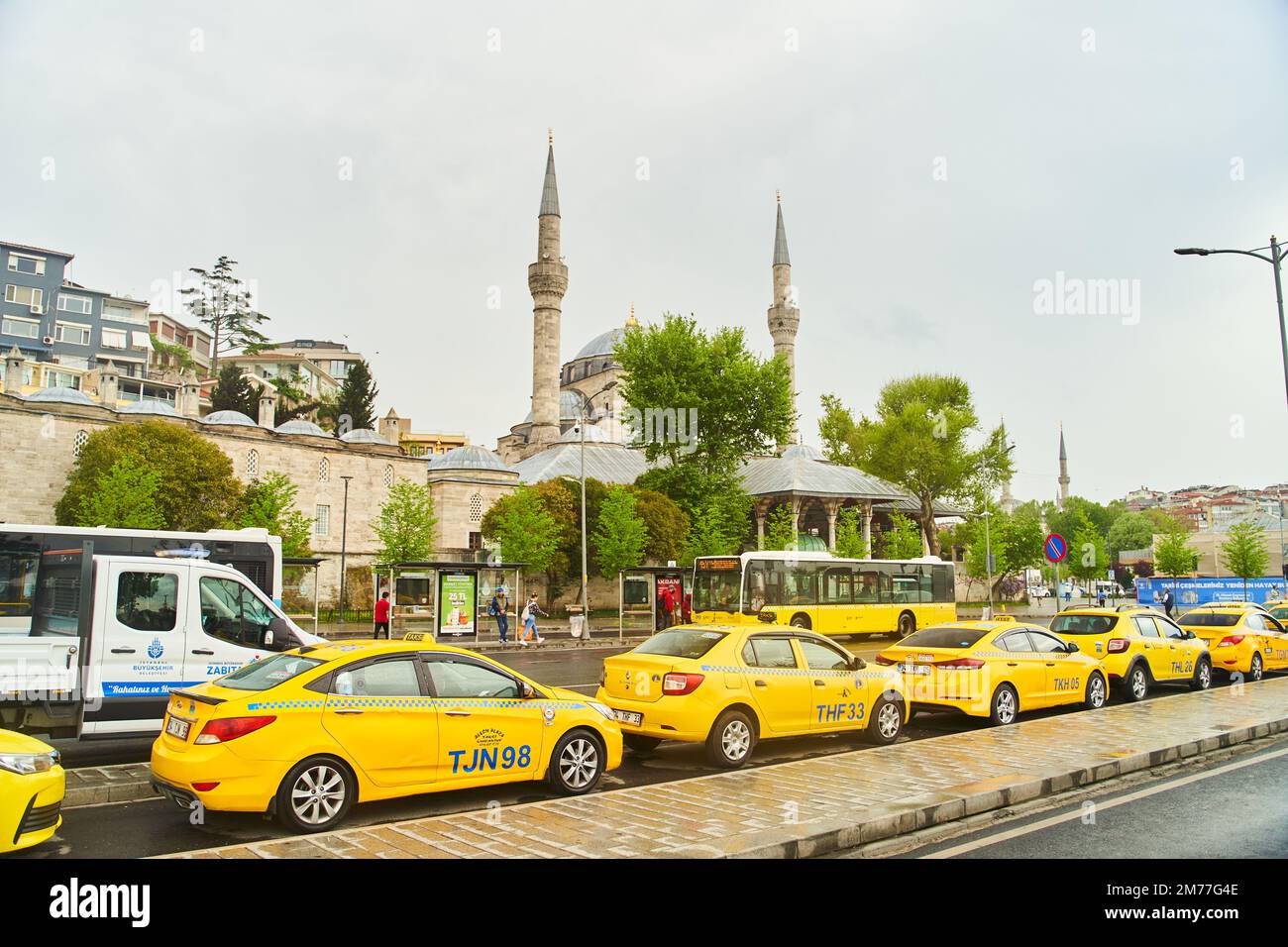 Istanbul, Turkey - May 2, 2021: Yellow taxi cars near the port in ...
