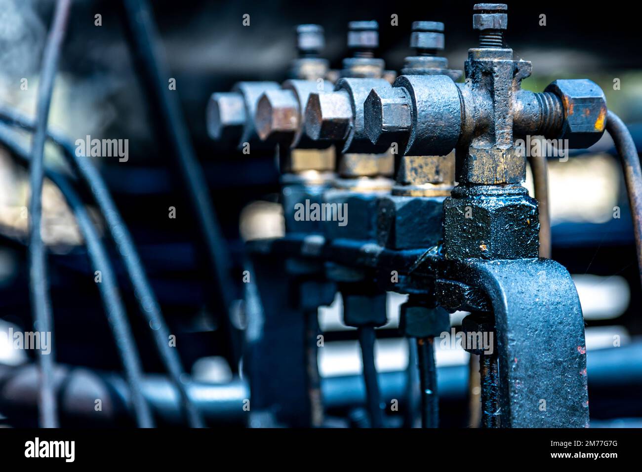 Air distributor in a steam locomotive. Close-up showing details, taken ...