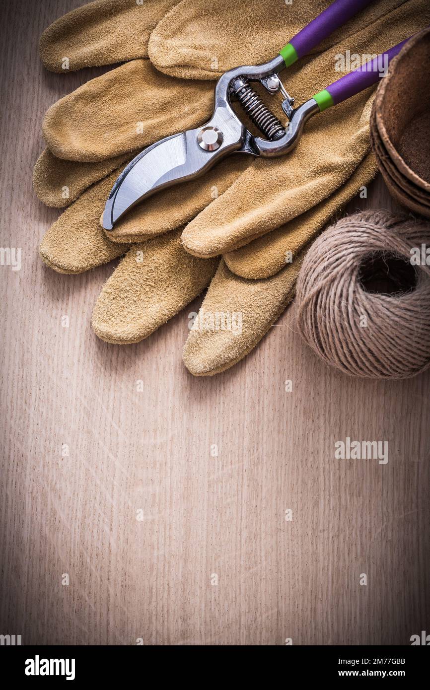 Stainless secateurs leather safety gloves peat pots and hank of string ...
