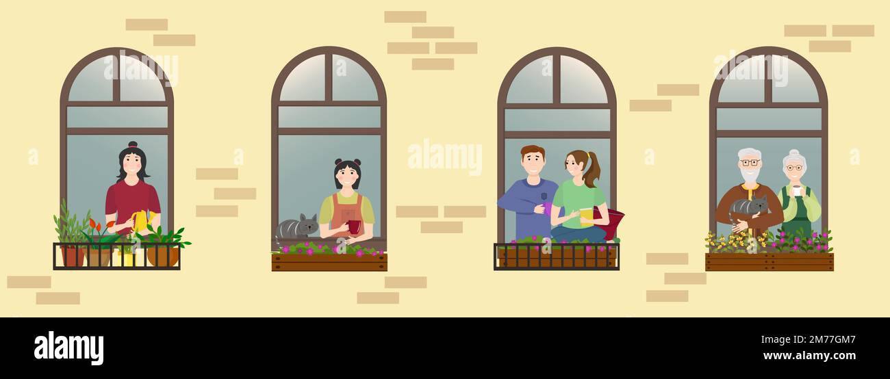 Facade of a house with open windows. Different types of people ...