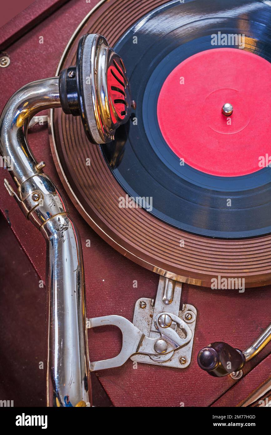Up view very close up old gramophone Stock Photo - Alamy