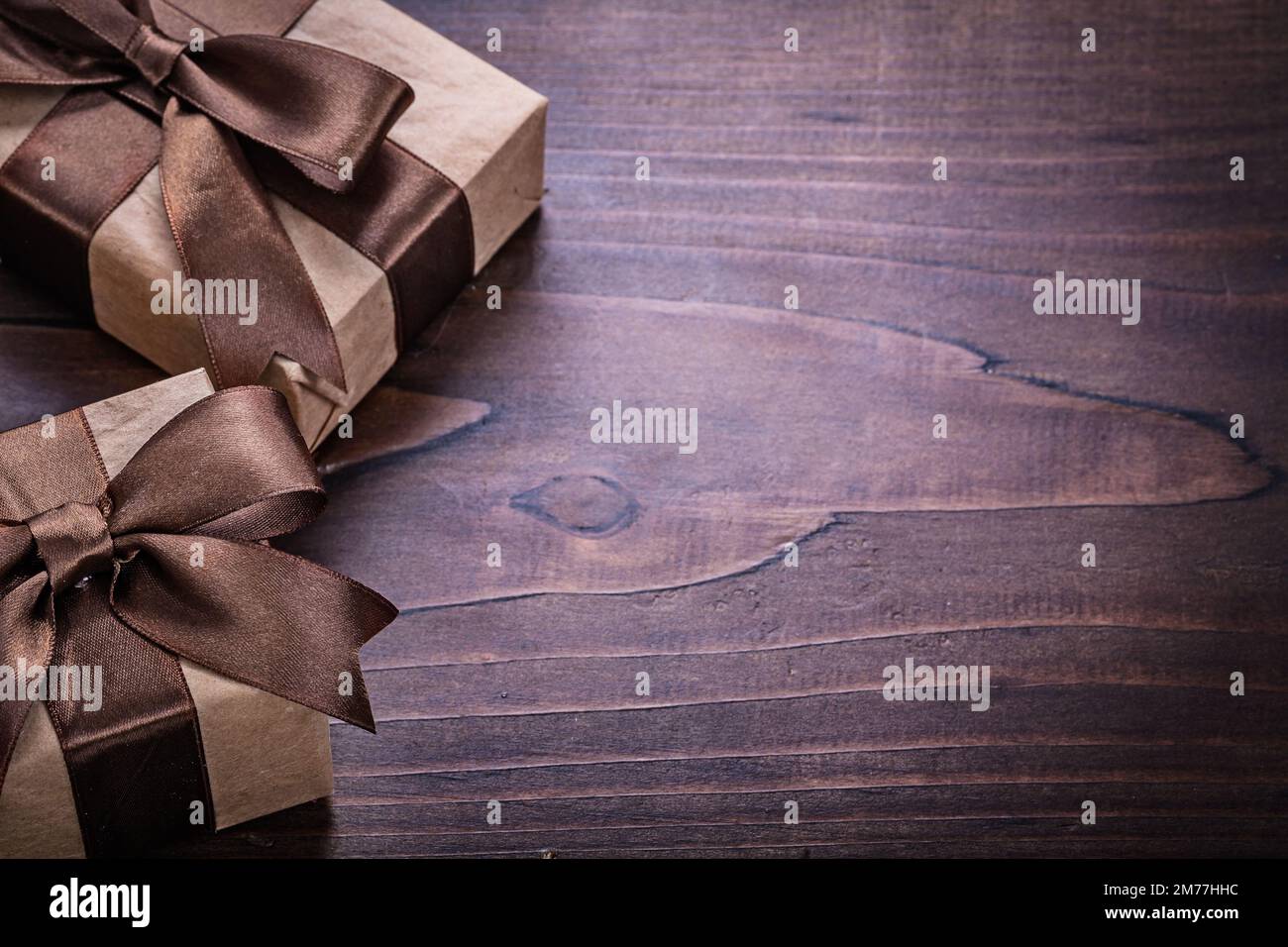 two vintage gift boxes covered crumpled paper with copyspace on old ...