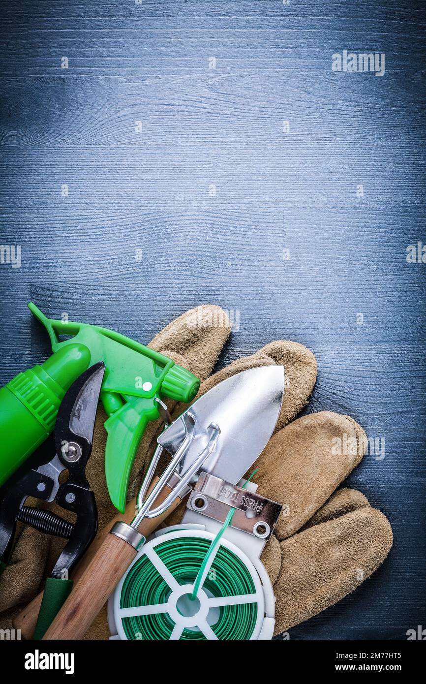 vertical view spade fork wire secateurs sprayer glove on board Stock ...