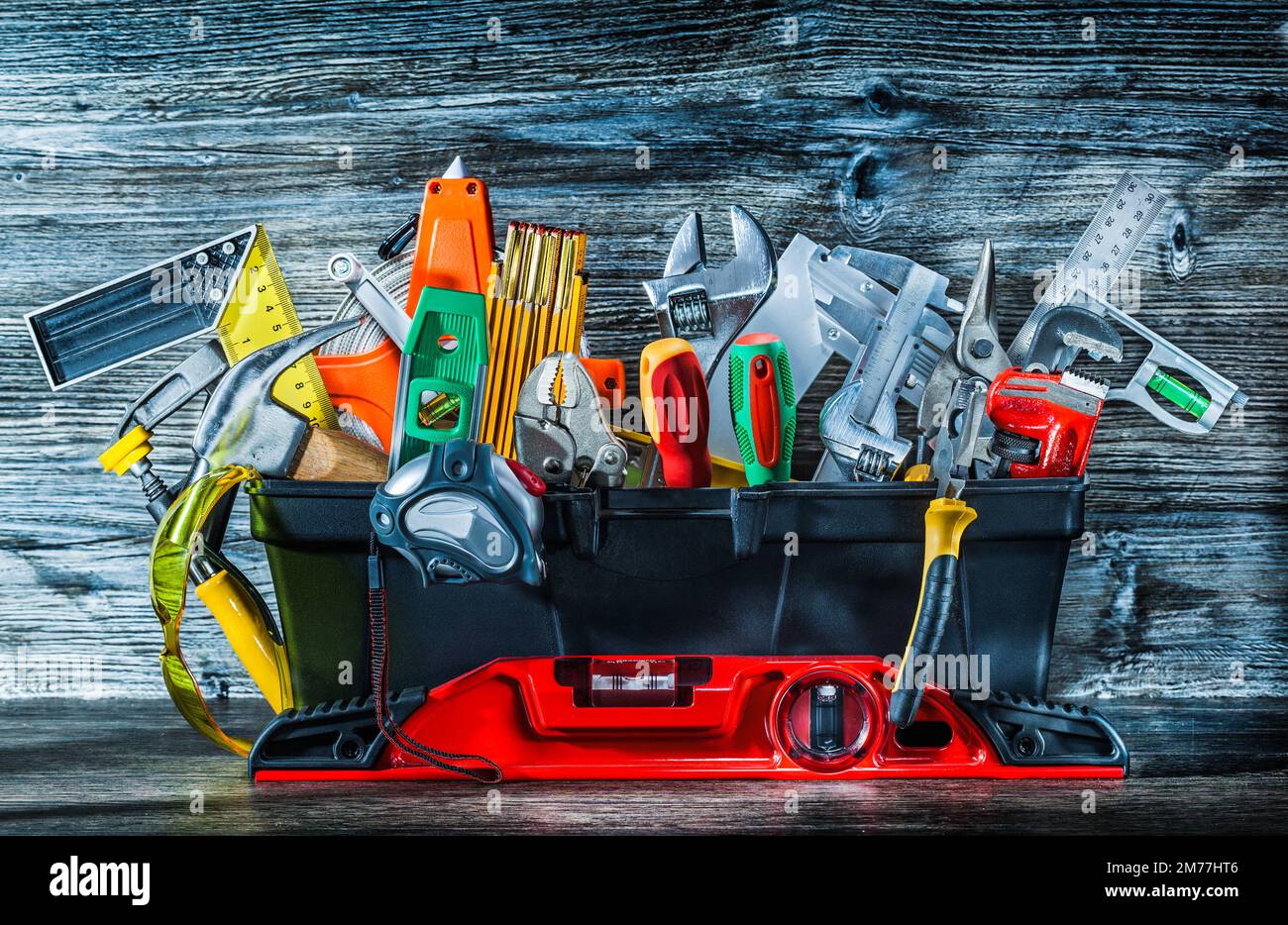 very big set of construction tools in toolbox on vintage wood Stock ...