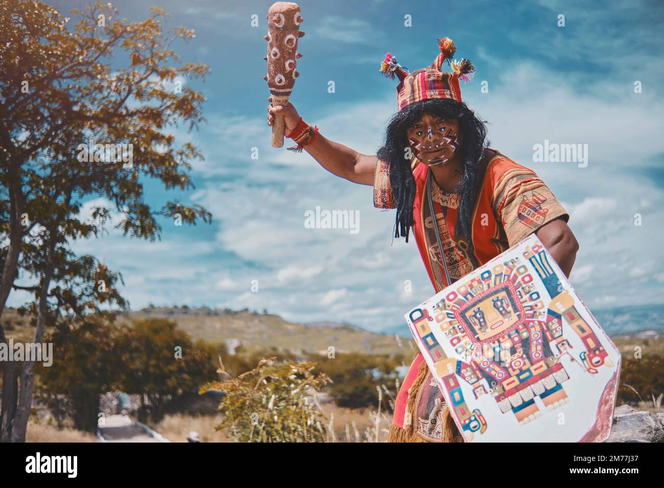 Representation of Inca warrior dressed and with battle weapons ...