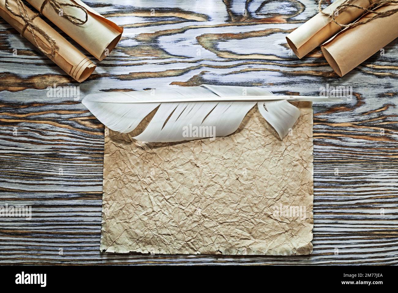 Vintage paper rolls crumpled document feather top view Stock Photo - Alamy