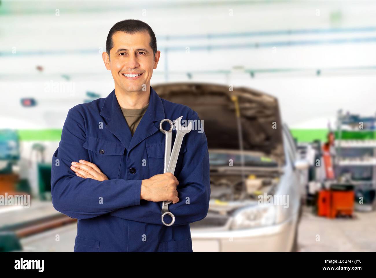 Image of a male mechanic standing confidently while holding two spanner ...