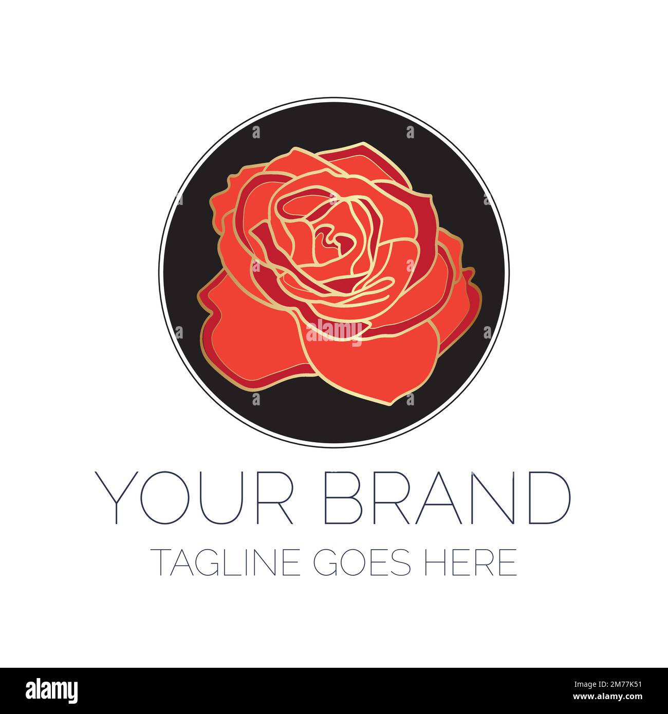 Elegant Rose Flower Brand Logo Design. Round Black, Gold and Red ...
