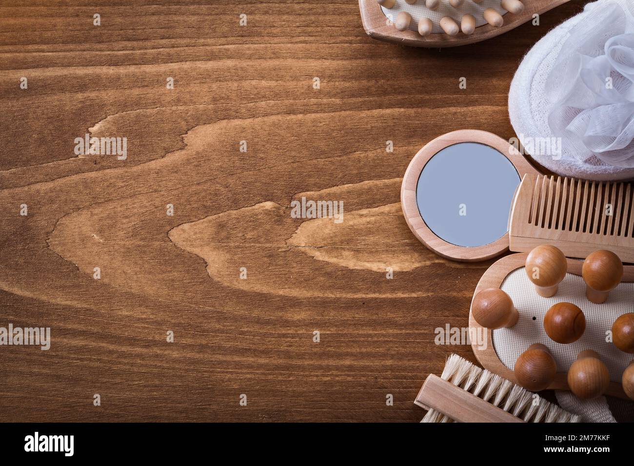 Wooden comb hand glass massagers bath sponge nail brush on pine vintage ...