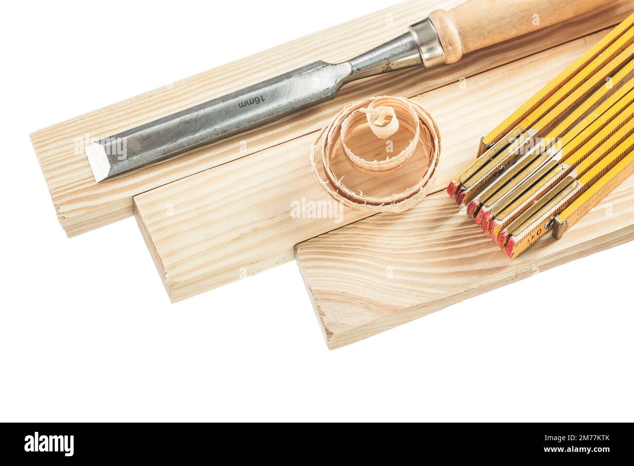 Wooden planks meter flat chisel shavings isolated on white Stock Photo ...