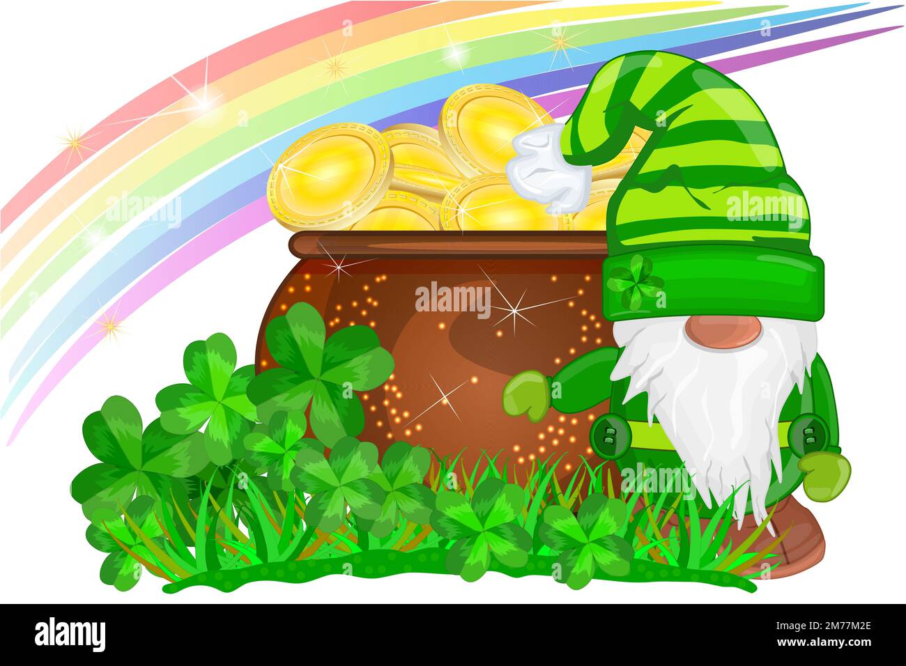 St. Patricks Day card. Gnome, pot of golden coin, rainbow and clover ...