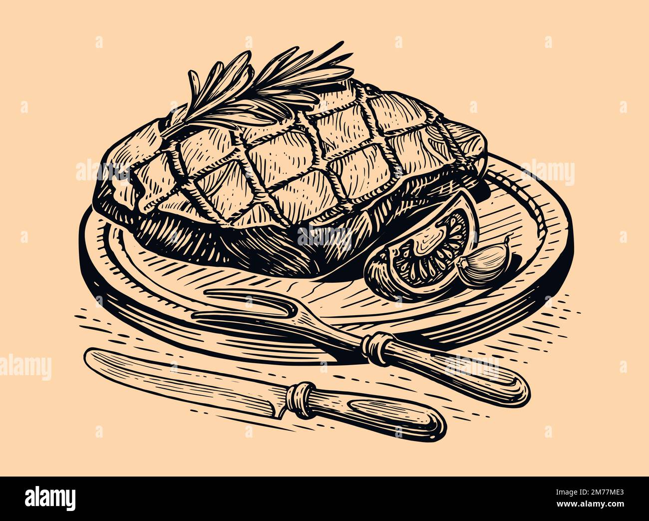 Beef veal steak grilled. Barbecue, roast meat, grill food sketch. Hand ...