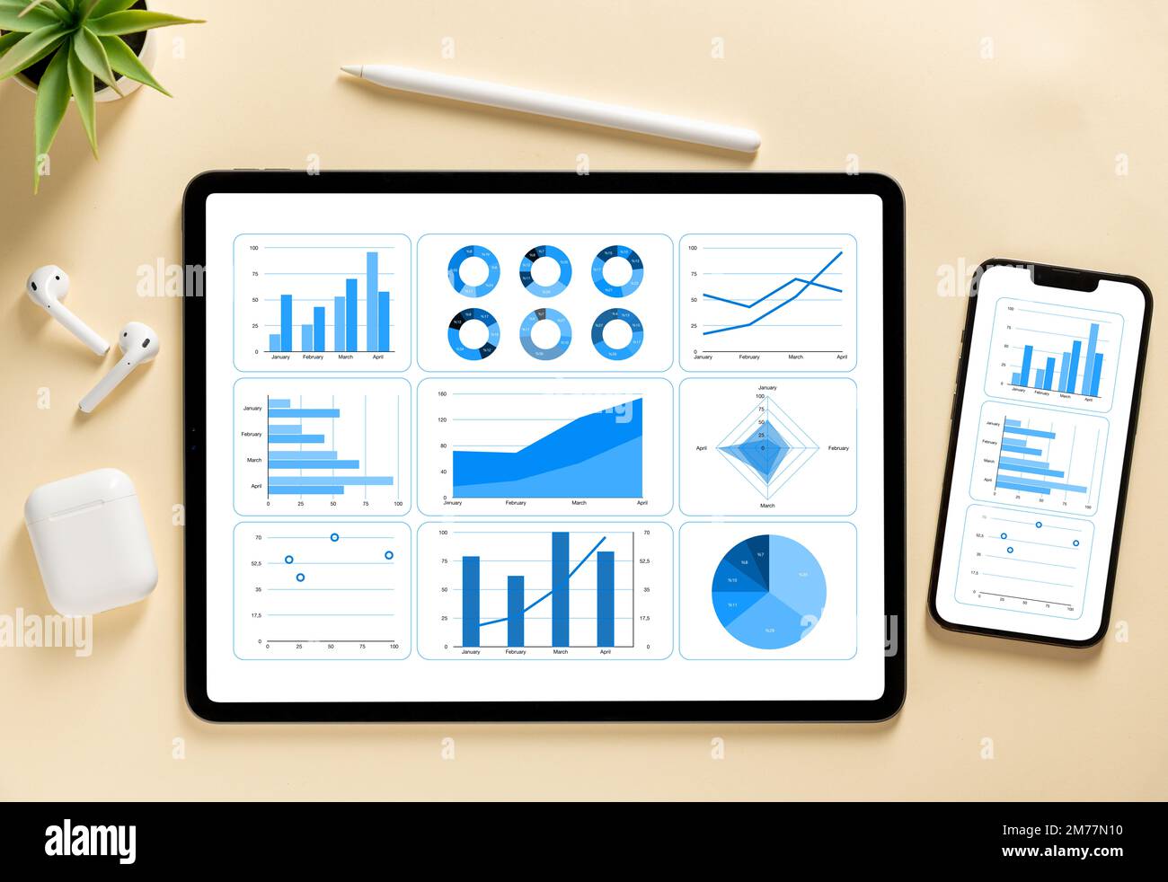 Top view of smartphone and tablet with reports and graphs on screen ...